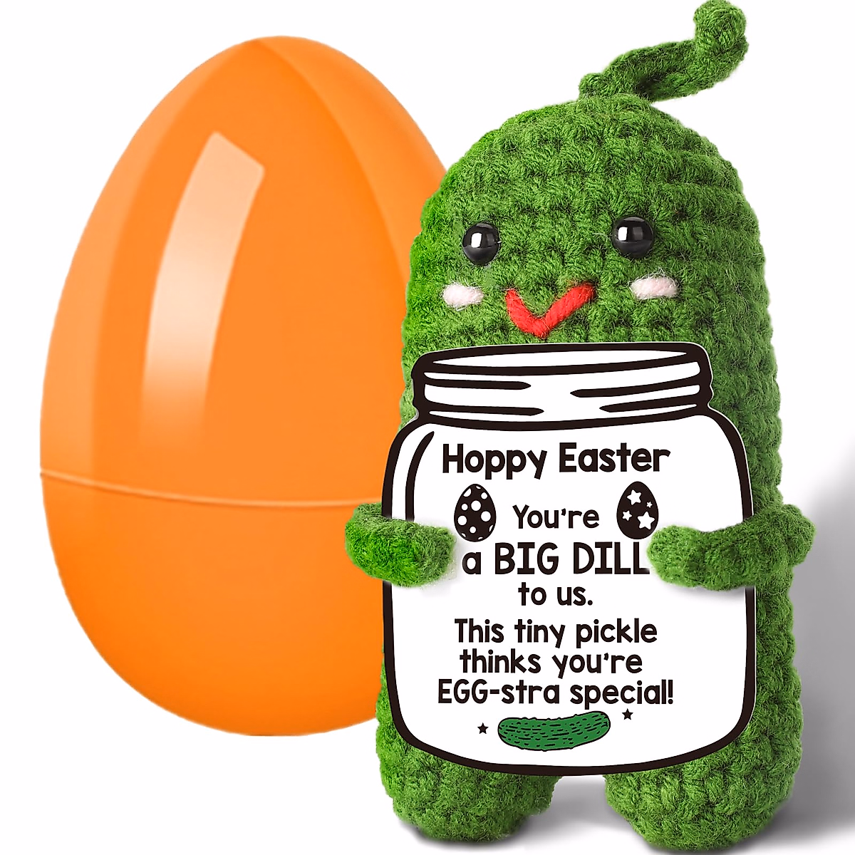 Hoppy Easter Pickle Plush - You're a Big Dill! Funny Crochet Pickle Doll, Handmade Easter Basket Stuffers for Teens, Unique Easter Eggs Fillers, Cute Easter Gifts Toys 5 Inch