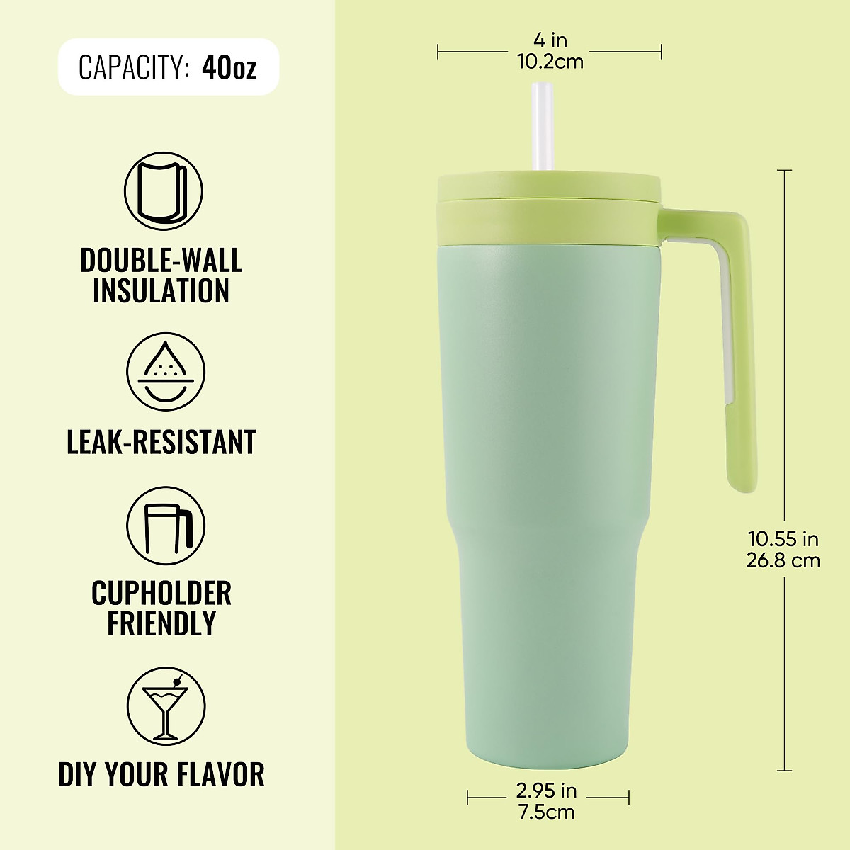 Fijinhom 40 oz Tumbler with Handle and Straw, Triple Layer Insulated Stainless Steel Water Bottle with Infuser, Travel Tumbler Fit Most Cupholder, Gifts for Women & Men, Mint