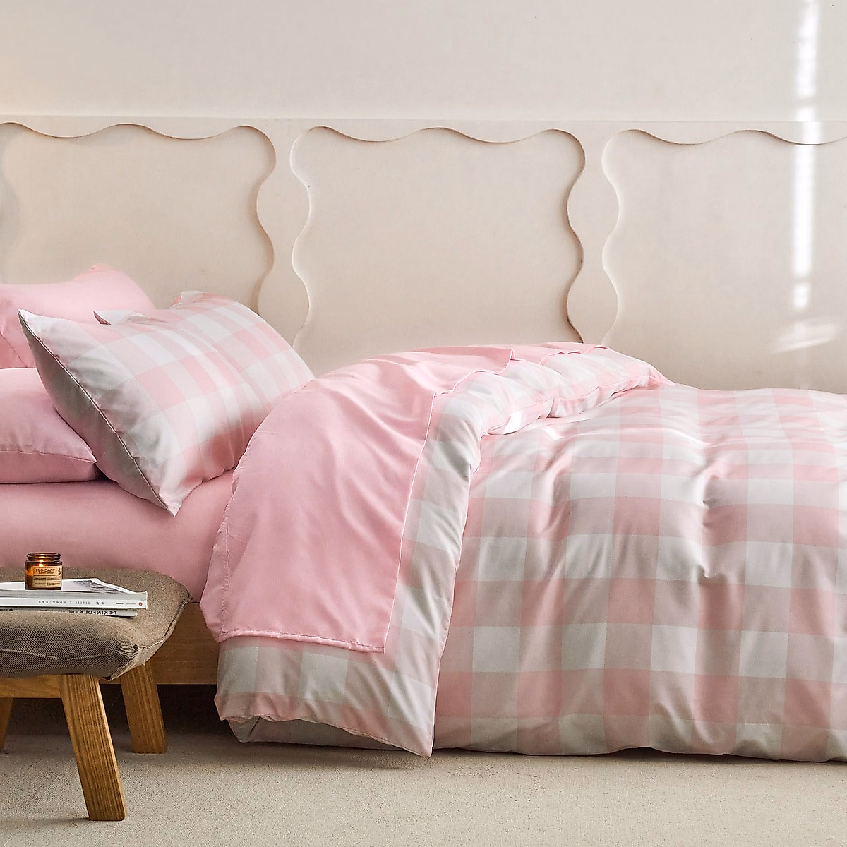 Wake In Cloud - Gingham Duvet Cover Set, Cute Plaid Buffalo Check Checker Preppy for Women Teen Girls, Soft Lightweight Dorm Bedding, 3-Piece, Pink White, Queen Size