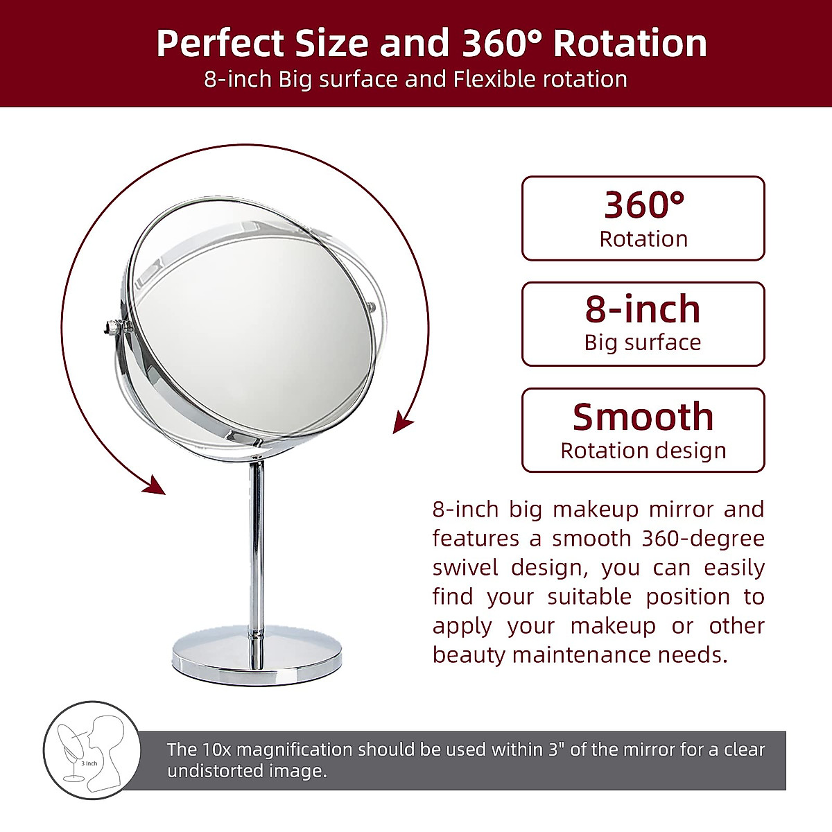 Tabletop Makeup Mirror with Magnification 8" Double-Sided Vanity Mirror 1X/10X Magnifying Mirror with Stand,Classic Round Desktop Make Up Mirror for Bathroom Bedroom,15" Height,Bright Silver,No Light