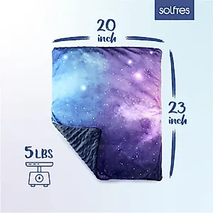 Solfres Small Weighted Lap Pad Blanket Throw for Kids Boys Teens 20in x 23in 5 Lbs - Sleep Therapy Plush Travel Size with Removable Cover, Galaxy Space Stars, Washable, Dark Blue