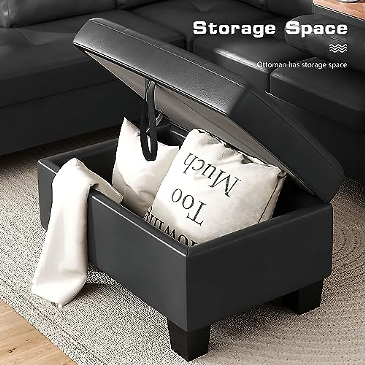 Lamerge Living Room Sectional Couch with Storage Ottoman, Modern PU Leather L-Shaped Sofa Couch Set, Black Modular Sofa Sectional w/Cup Holder, Living Room Furniture Set for Apartment, Small Space