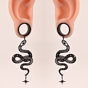 Atomhole 2PCS Snake Dangle Ear Gauges Hypoallergenic Stainless Steel Ear Plugs Ear Hangers for Stretched Ears Tunnels Pair Selling 2g 0g Body Jewelry (10mm(00G), Black)