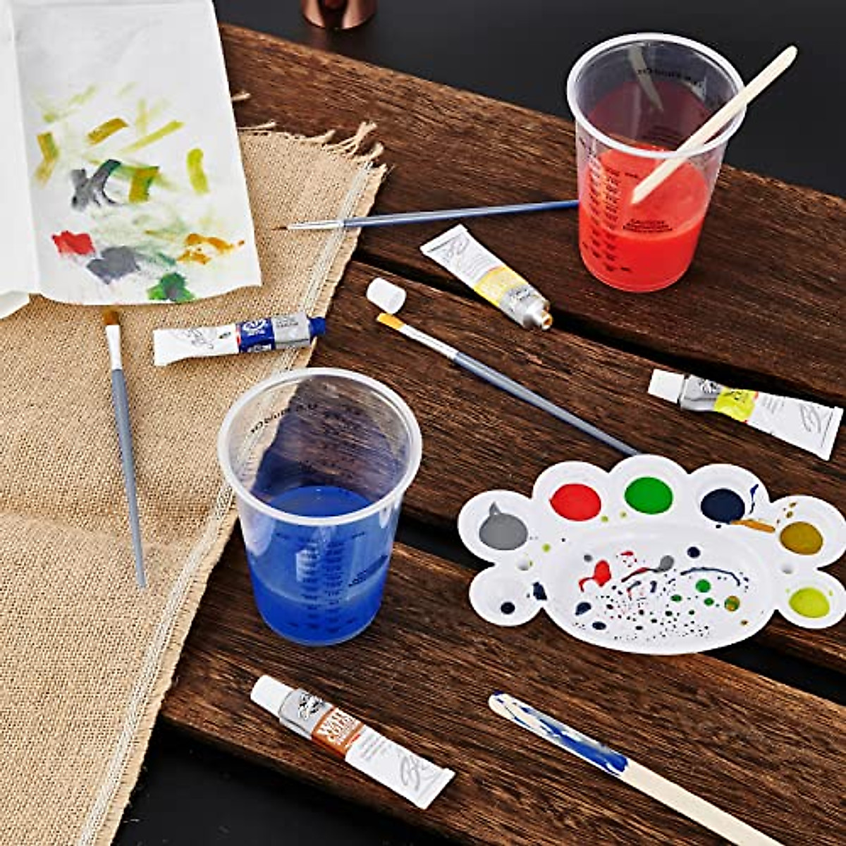 100 PACK Plastic Measuring Cups, 8 oz Disposable Mixing Cups with 100 Wooden Mixing Sticks, Can Be Used for Epoxy Resin, Liquid Measuring, Paint Mixing, Cooking and Baking