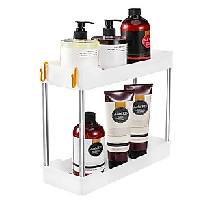 Under Sink Organizers and Storage, COCOJAM Under Kitchen Sink Organizers and Storage, 2 Tier Bathroom Cabinet Organizer with Hooks, Bathroom Storage Organizer Multi-purpose, White