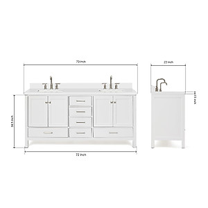 ARIEL Double Bathroom Vanity 73" Grey with 1.5" Edge Pure White Quartz Countertop & Splash, Rectangular Sinks, 4 Soft Closing Doors, 6 Full Extension Dovetail Drawers, Brushed Nickel (White)