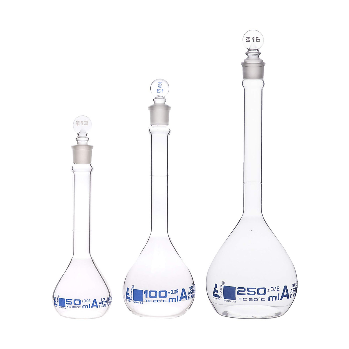 EISCO Premium Volumetric Flask Set - 50ml, 100ml & 250ml - Class A, ASTM E288 - Superior Durability & Chemical Resistance - Glass Penny Stoppers - Borosilicate 3.3 Glass