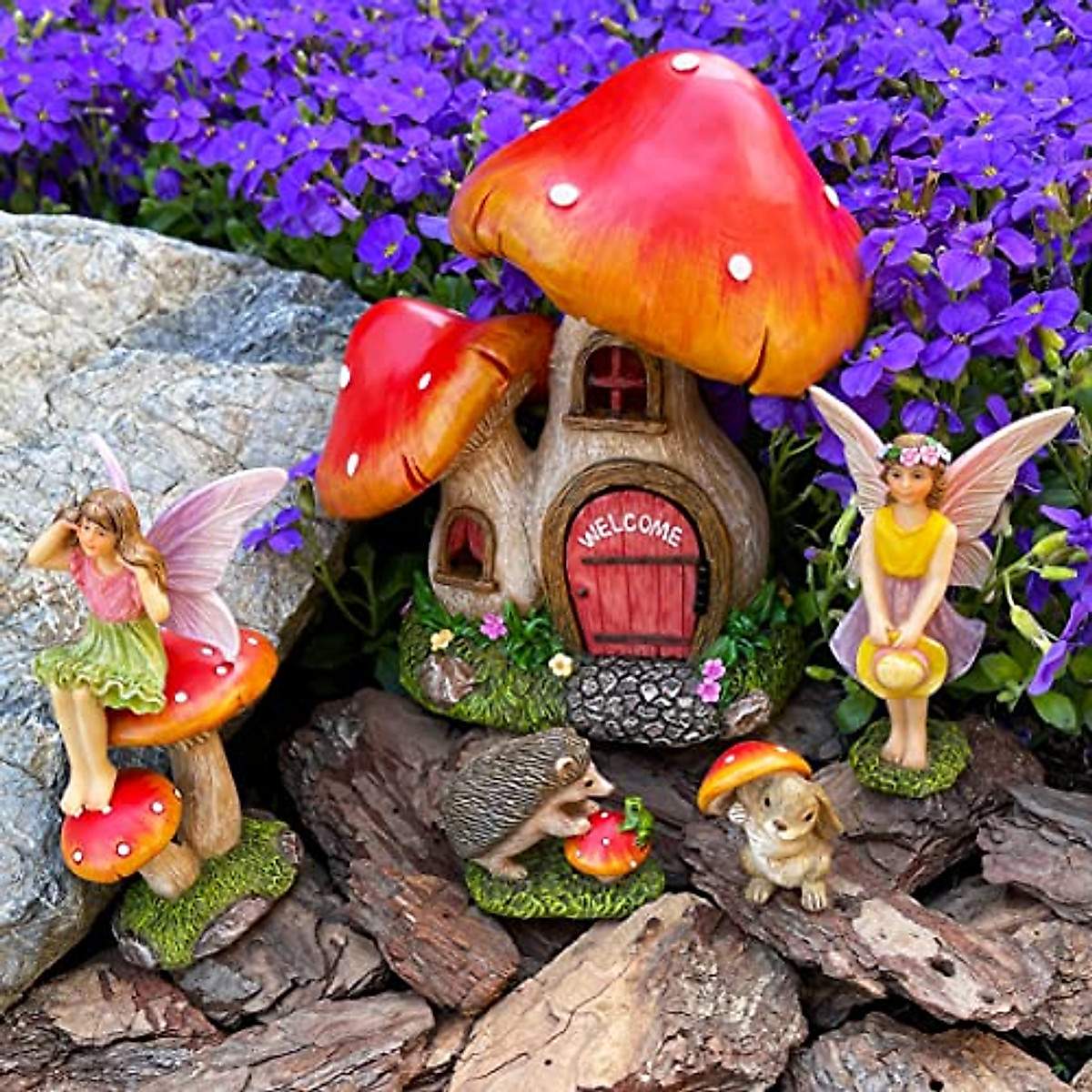 Mood Lab Fairy Garden - Mushroom House Set of 6 pcs - Miniature Figurines & Accessories Kit - for Outdoor or House Decor