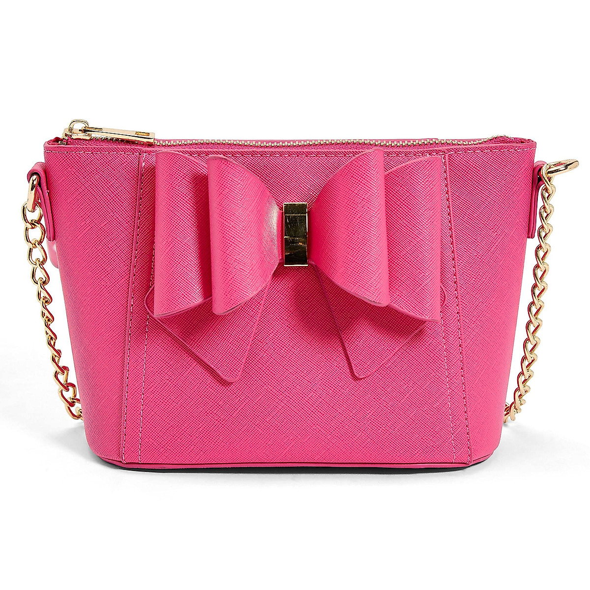 Like Dreams Womens Small Crossbody Vegan Leather Bowtie Fashion Gold Chain Handbag Purse (Fuchsia)