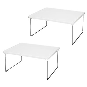 mDesign Metal Stacking Storage Organization for Shelves Inside Cabinets in Kitchen, Pantry, Cupboard, or Fridge/Freezer - Organizer Stand for Food, Plates, Bowls, Mugs, Ligne Collection, 2 Pack, White