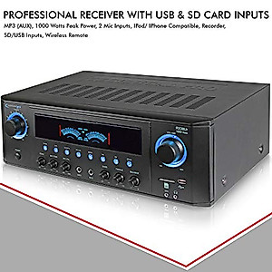 Professional Home Stereo Receiver with USB and SD Card Inputs, MP3 (AUX), 1000 Watts, 2 Mic Inputs, Recorder, Wireless Remote, FM Digital Tuner