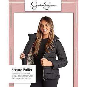 Jessica Simpson Women's Winter Jacket - Packable Quilted Puffer Jacket, Leopard Print Fleece Lining - Outerwear Coat (S-XL), Size Large, Black