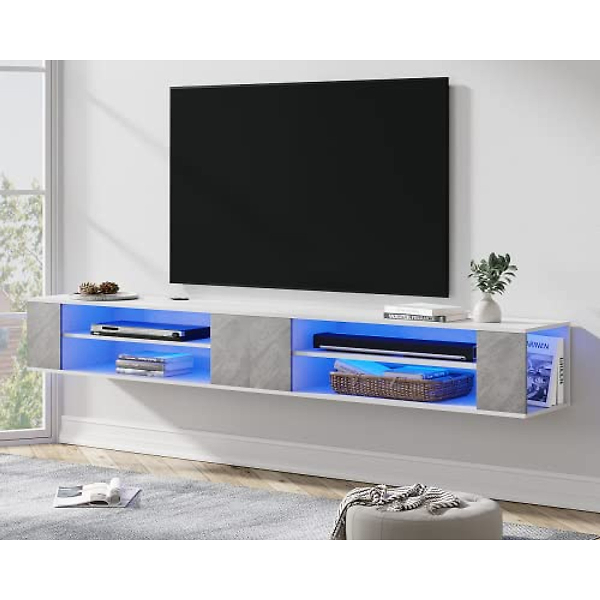 WAMPAT 2-in-1 Piece Floating TV Stand with Led Lights,79" Floating Entertainment Center Up to 80 Inch TVS, TV Cabinet Media Console Wood Storage Hutch Under TV for Living Room,Grey&White