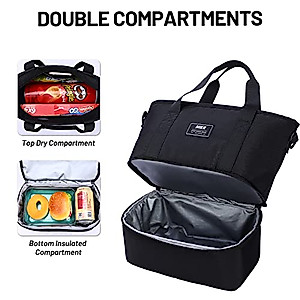 MIER Dual Compartment Lunch Bag for Women Insulated Lunch Box, Small Lunch Tote with Shoulder Strap for Work, Black
