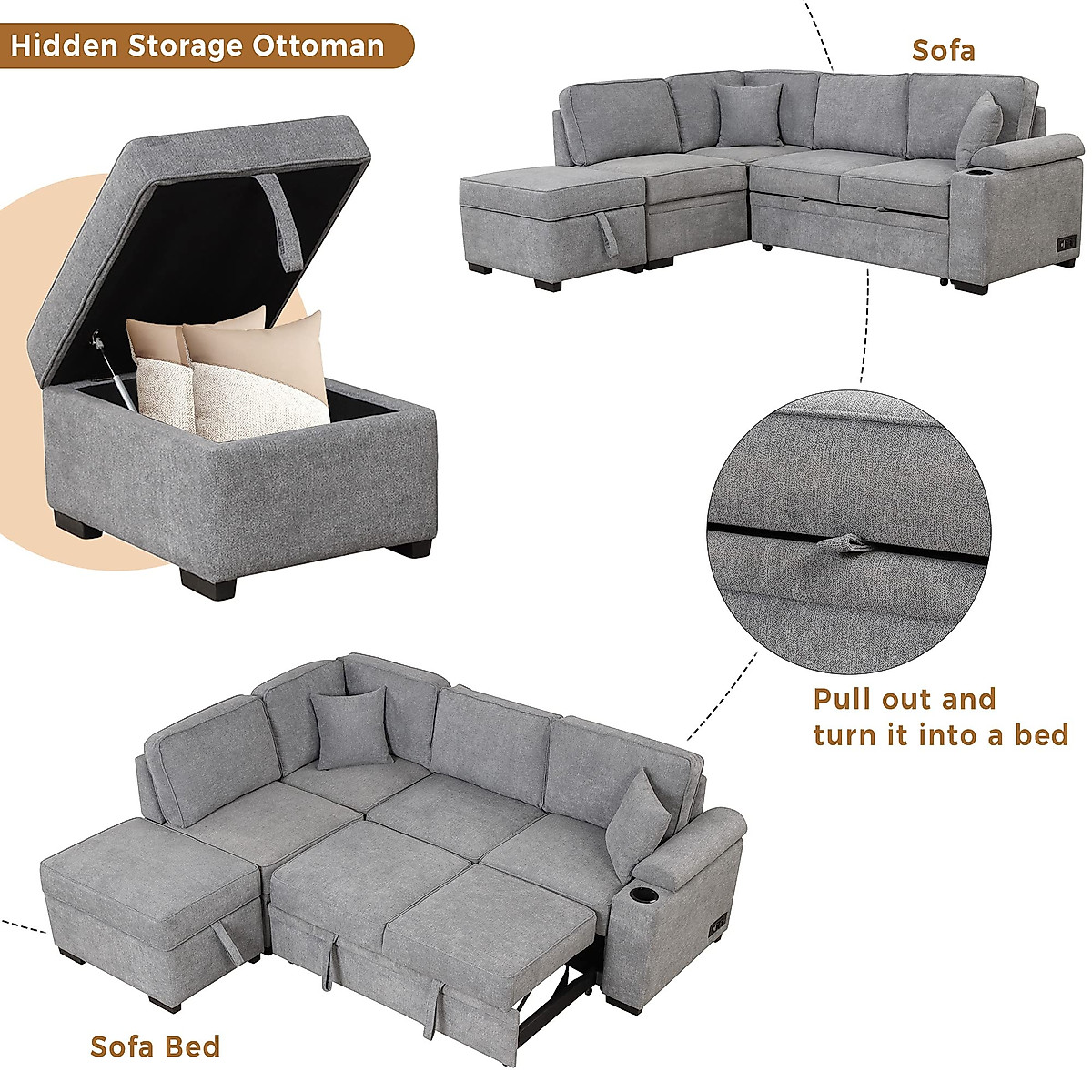 Merax Sleeper Sofa Bed L Shaped Sectional Couch with Storage Ottoman and Chaise for Living Room, Small Apartment Love Seats, Gray_Linen