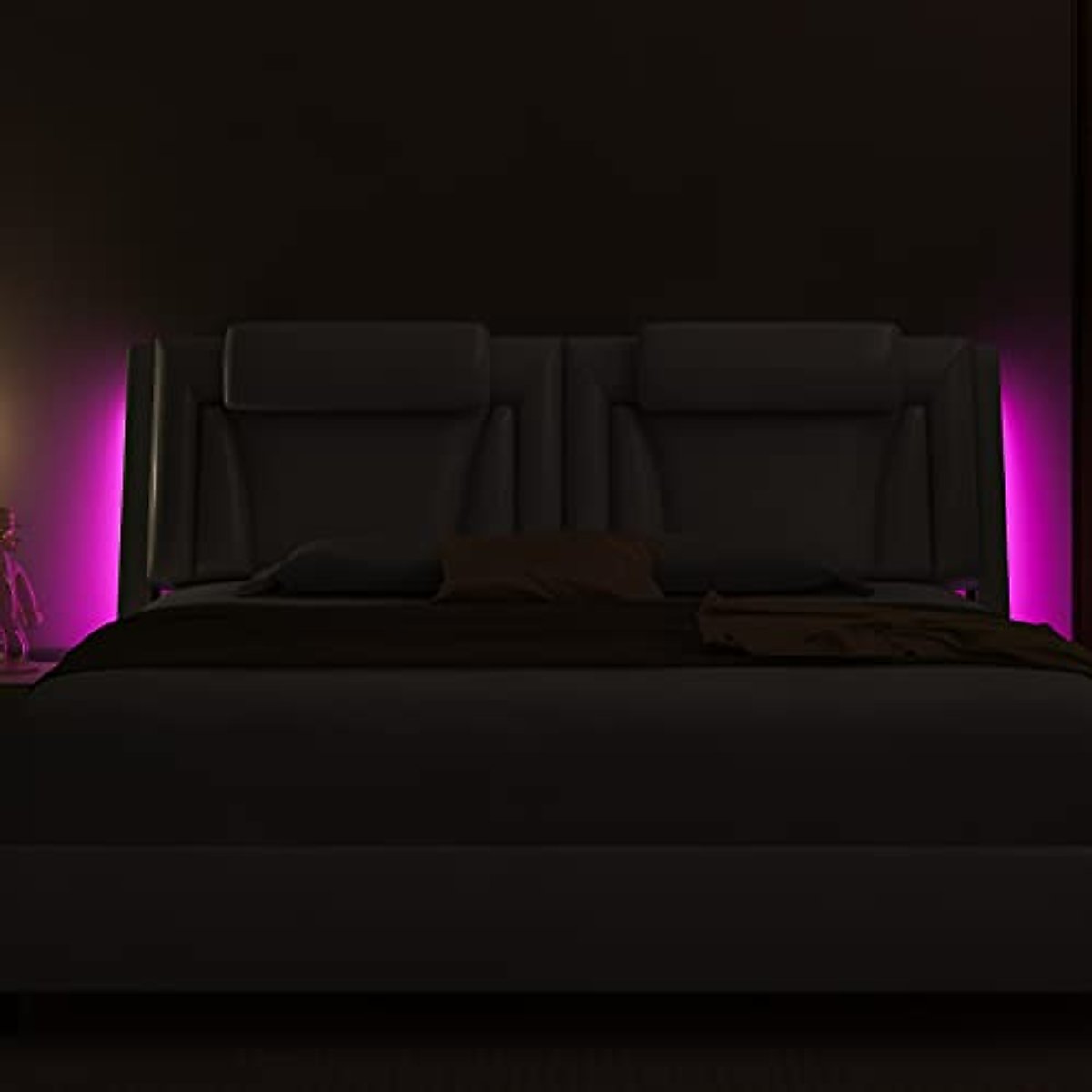 Keyluv Modern Upholstered Bed Frame with Adjustable LED Headboard, Pu Leather Platform Bed with Wave-Like Curve Design and Solid Wooden Slats Support, No Box Spring Needed, Noise Free, King, White
