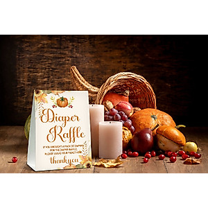 Diaper Raffle Baby Shower Game Set (1 Standing Sign + 50 Guessing Cards), Happy Fall Thanksgiving Day Diaper Raffle Tickets for Baby Shower, Autumn Little Pumpkin Baby Shower Party Favor Decor (C02)