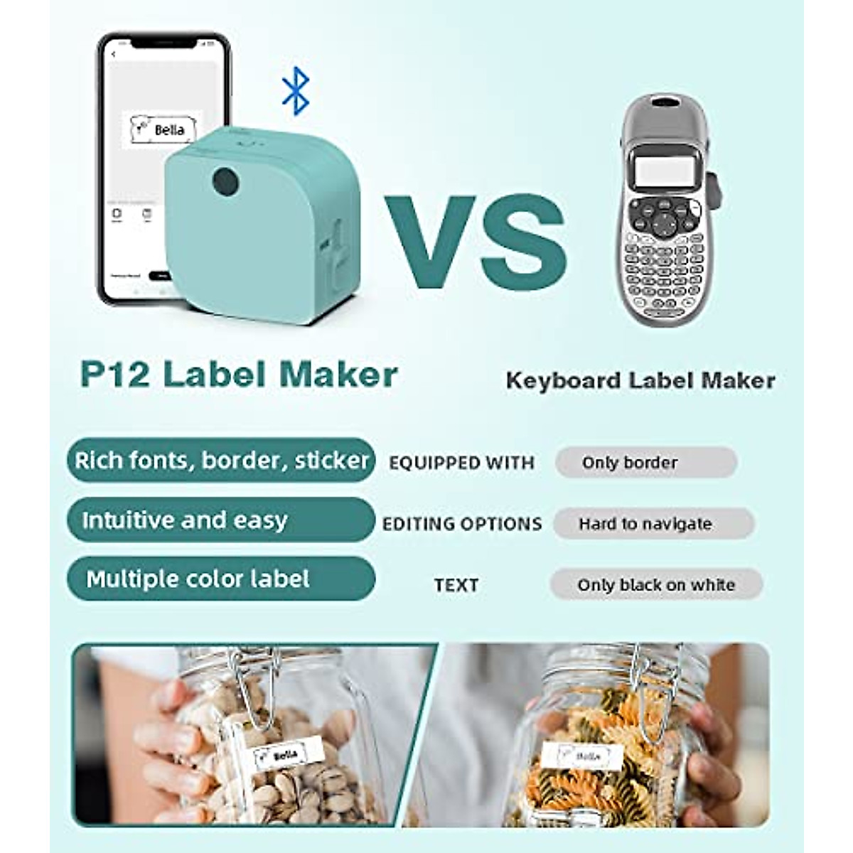 Label Maker Machine with Tape - Mini Label Maker P12 with Multiple Fonts & Stickers, Bluetooth Thermal Label Printer Compatible with 12mm Color Tape, Ideal for Home Organization, with 3 Pack Tape