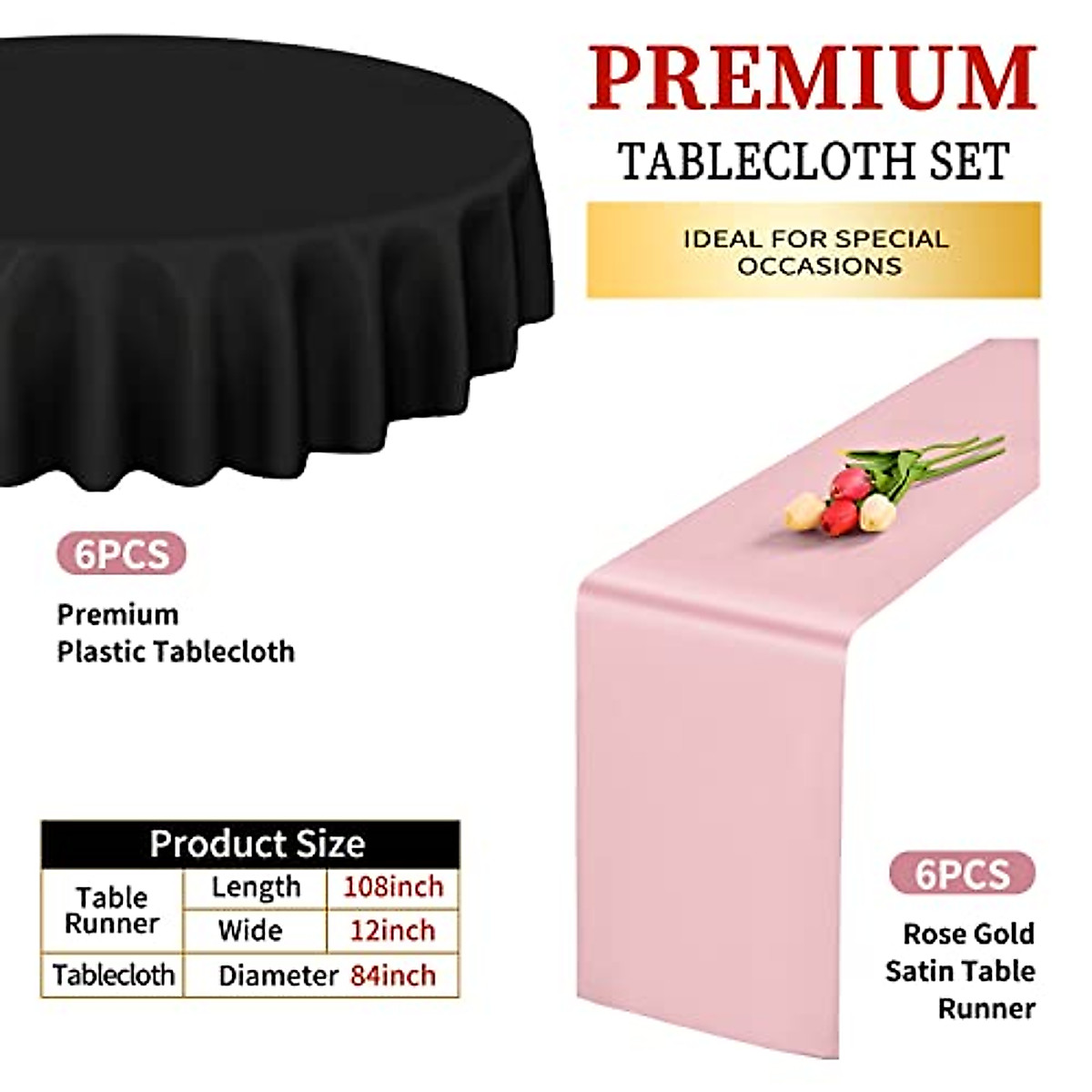 6 Pack Round Plastic Tablecloth 84" Black Disposable Table Covers Waterproof Circle Party Table Cloths for Round Tables and 6 Pack 12"x108" Rose Gold Satin Table Runners for Parties Birthday Picnic
