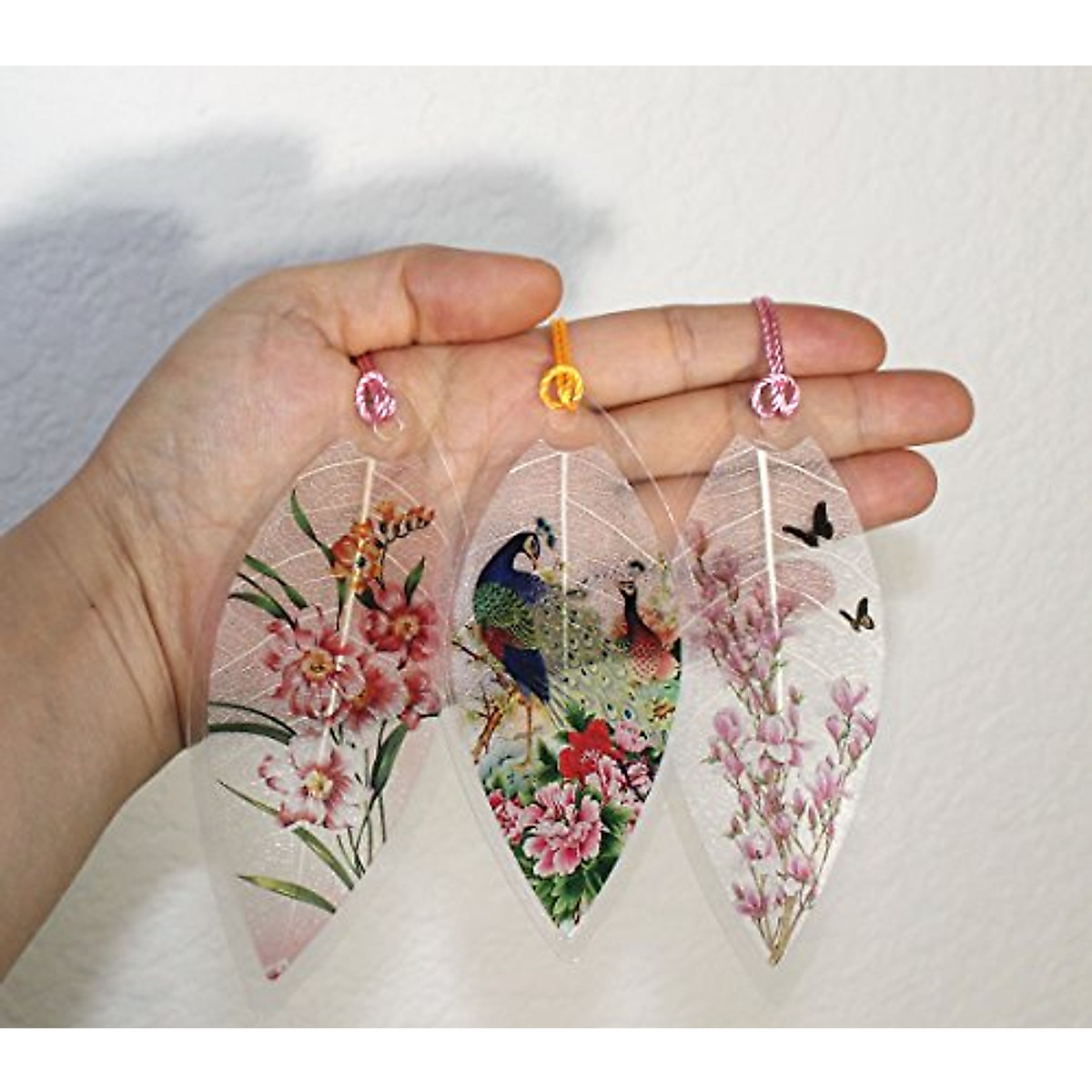 Lucore Home Leaf Bookmarks - Peacocks and Pink Flowers Asian Painting Lucky Charm, Ornament, Hanging & Wall Decor, Art Decoration - 3 Pcs, Made of Real Leaves