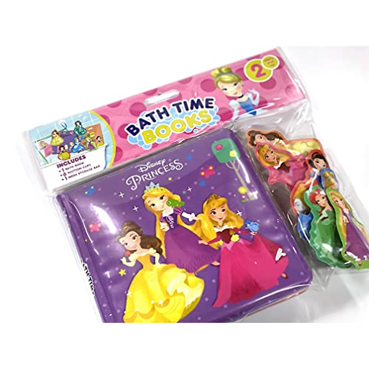 Disney Princess Bath Time Books - Activity Books for kids, Bath book, 6 Padded suction cups, 1 Mesh bag