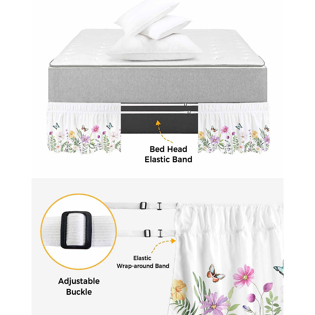 Florals Butter-Fly Bed Skirt Queen Size 18 Inch Drop, Adjustable & Elastic Wrap Around Bed Skirts Pleated Luxury Dust Ruffles for Twin Full Queen Cal King Base Bed, Spring Summer Flower Leaves