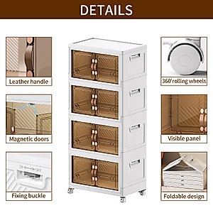 HPONQIONE Foldable Plastic Storage Box With Wheels and Doors XLLarge Storage Bin with Lid Organizers Stackable Storage Bins, Closet Organizers Double Door Magnetic with Universal Pulley(8.4Gal-4Pack)