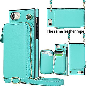 DEFBSC Zipper Wallet iPhone 8 Case, iPhone 7 Case, iPhone SE 2020/ SE 2022 Case, PU Square Wallet Case with Crossbody Chain Credit Card Holder Slot Shoulder Handbag Purse Wrist Strap Case(Green)