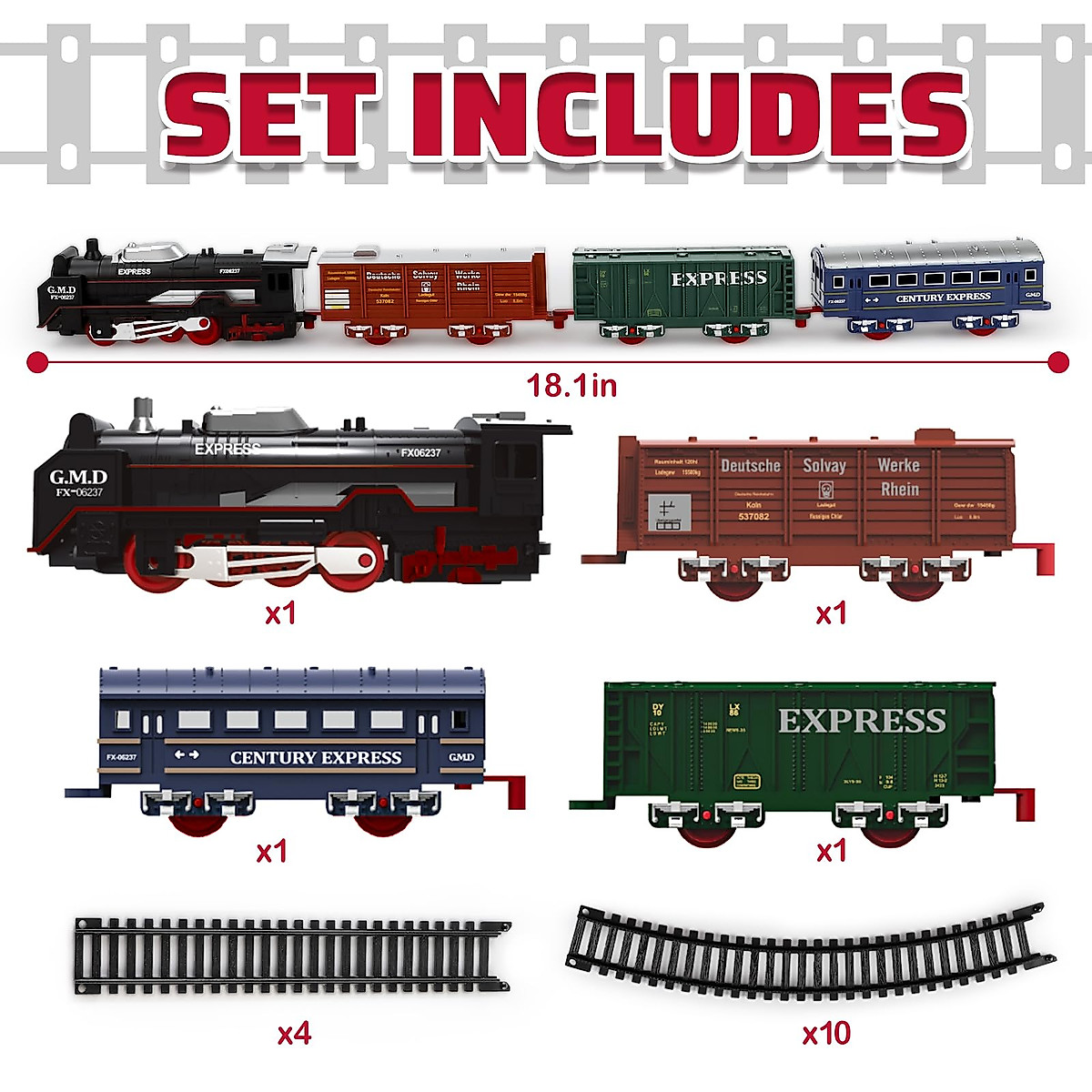 deAO Christmas Train Set Toys for Kids, Toy Train Track Locomotive Engine Battery Powered Railway Kits with Road Signs and Tracks Birthday Gifts for Age 3 4 5 6 7