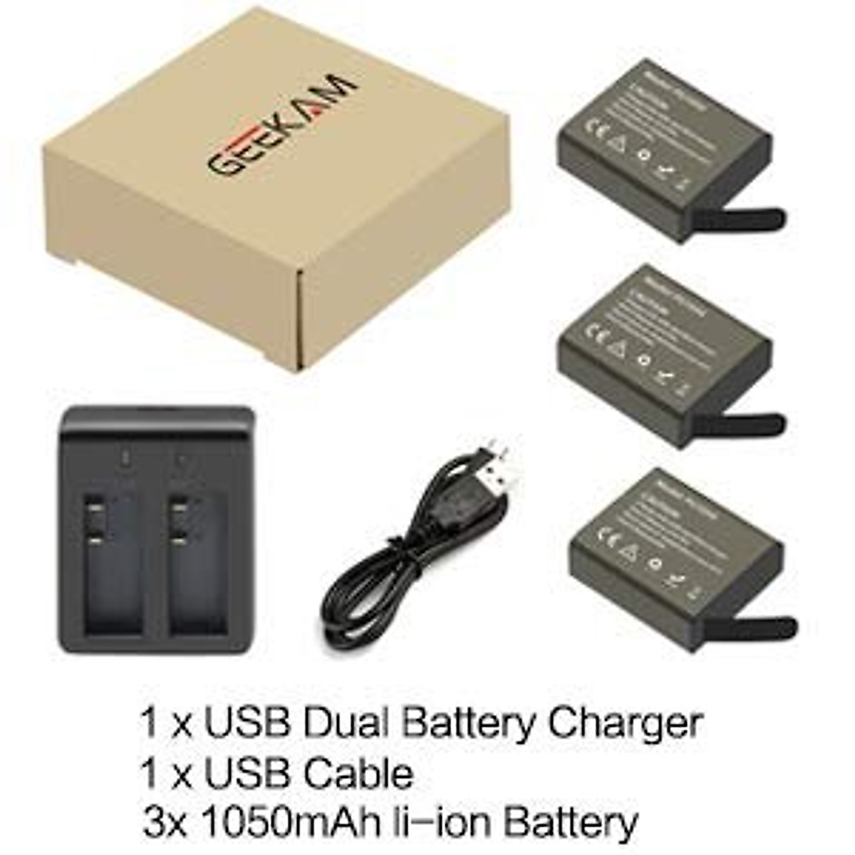 PG1050 Action Camera Battery, 1050mAh Rechargeable Batteries (3 Pieces) with USB Charger, Compatible with AKASO EK7000/APEMAN/Dragon Touch/Apexcam/Vemont/COOAU/EKEN and More