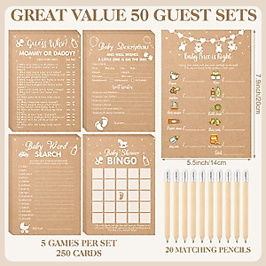 Patelai 321 Pcs Baby Shower Games Supplies, 5 Sets (50 Cards Each) Activities Cards with 20 Pencils 1 Don't Say Baby Sign 50 Clothespin(Kraft Style)