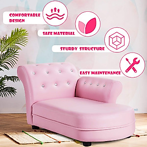 Costzon Kids Couch, Princess Kids Sofa Chairs for Baby Girls 3-5 Old w/Wood Frame & Leather Surface for Nap & Rest, Toddler Couch for Preschool, Nursery, Kindergarten, Children Furniture Gift (Pink)