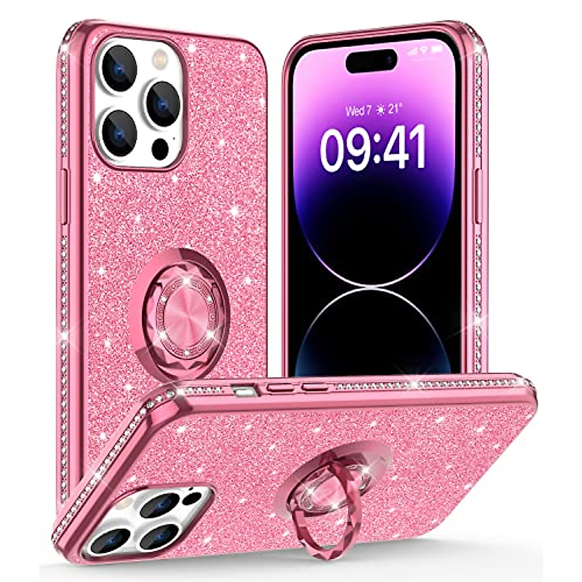 OCYCLONE Compatible with iPhone 14 Pro Case 6.1 inch, Glitter Sparkle Diamond Case with Ring Stand Protective Phone Case Compatible for iPhone 14 Pro Case for Women Girls - Pink