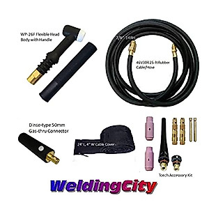 WeldingCity 200-amp WP-26F (Flexible Head) Air-cooled TIG Welding Torch Complete Package with 25-ft Power Cable Hose and Dinse 35-50 (1/2"-pin) In-line Gas-thru Cable Adapter