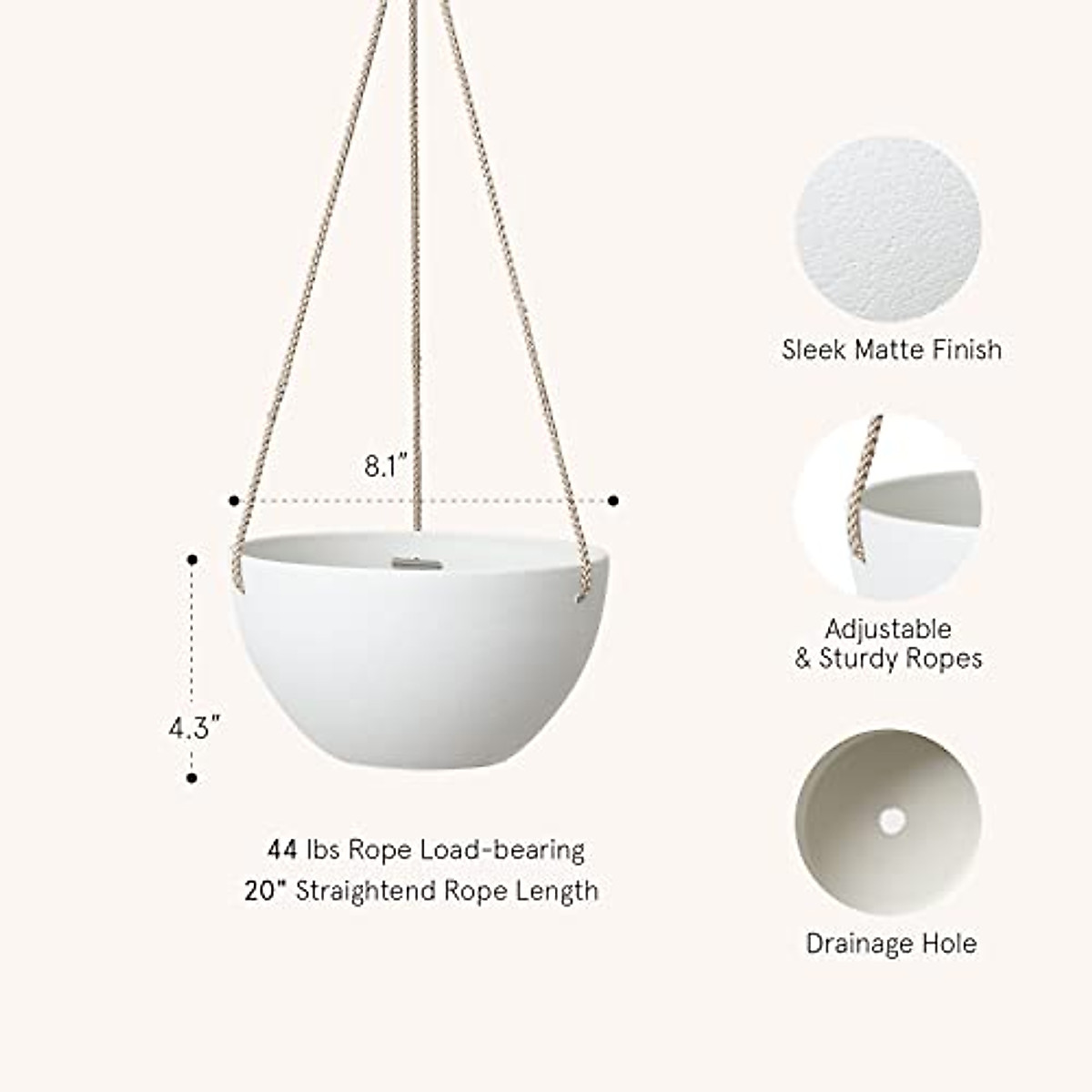 La Jolie Muse White Hanging Planter Basket - 8 Inch Indoor Outdoor Flower Pots, Plant Containers W/ Drainage Hole, Plant Pot for Hanging Plants, Pack 2