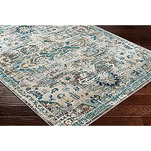 Hauteloom Cabacungan Traditional Persian Medallion Living Room Bedroom Area Rug - Machine Washable Distressed Carpet - Bohemian Oriental - Easy to Clean - Blue, Grey, Beige - 6'7" x 9'
