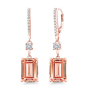 18K Rose Gold Plated Silver Emerald Cut Peach Nano Morganite and Forever Classic Moissanite by Charles & Colvard Dangle Earrings For Women | 13.36 Cttw | Emerald Cut 14X10MM