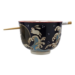 Ebros Gift Rabbits Jumping Over The Full Moon Ramen Udong Noodles 5" Diameter Bowl With Built In Chopsticks Rest and Bamboo Chopstick Set for Dining Soup Rice Meal Bowls Decor Kitchen