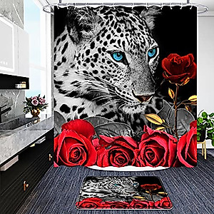 YOKYHOM 4 Piece Bathroom Sets with Shower Curtain and Rugs, Leopard Rose Bathroom Shower Curtain Sets with Rugs, Incl 71'' x 71'' Shower Curtain with 12 Hooks, Non Slip Bath Mats, Toilet Lid Oval Rug