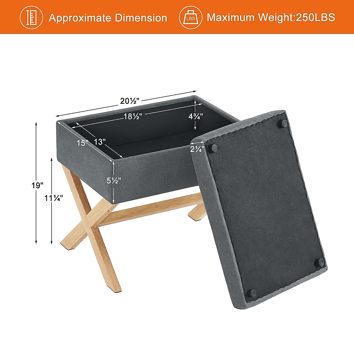 Furniliving Linen Storage Ottoman Square Ottoman Button-Tufted Foot Stool with Wooden X Legs, Modern Footrest Rectangle Vanity Stool, Makeup Stool for Living Room, Bedroom (Grey)