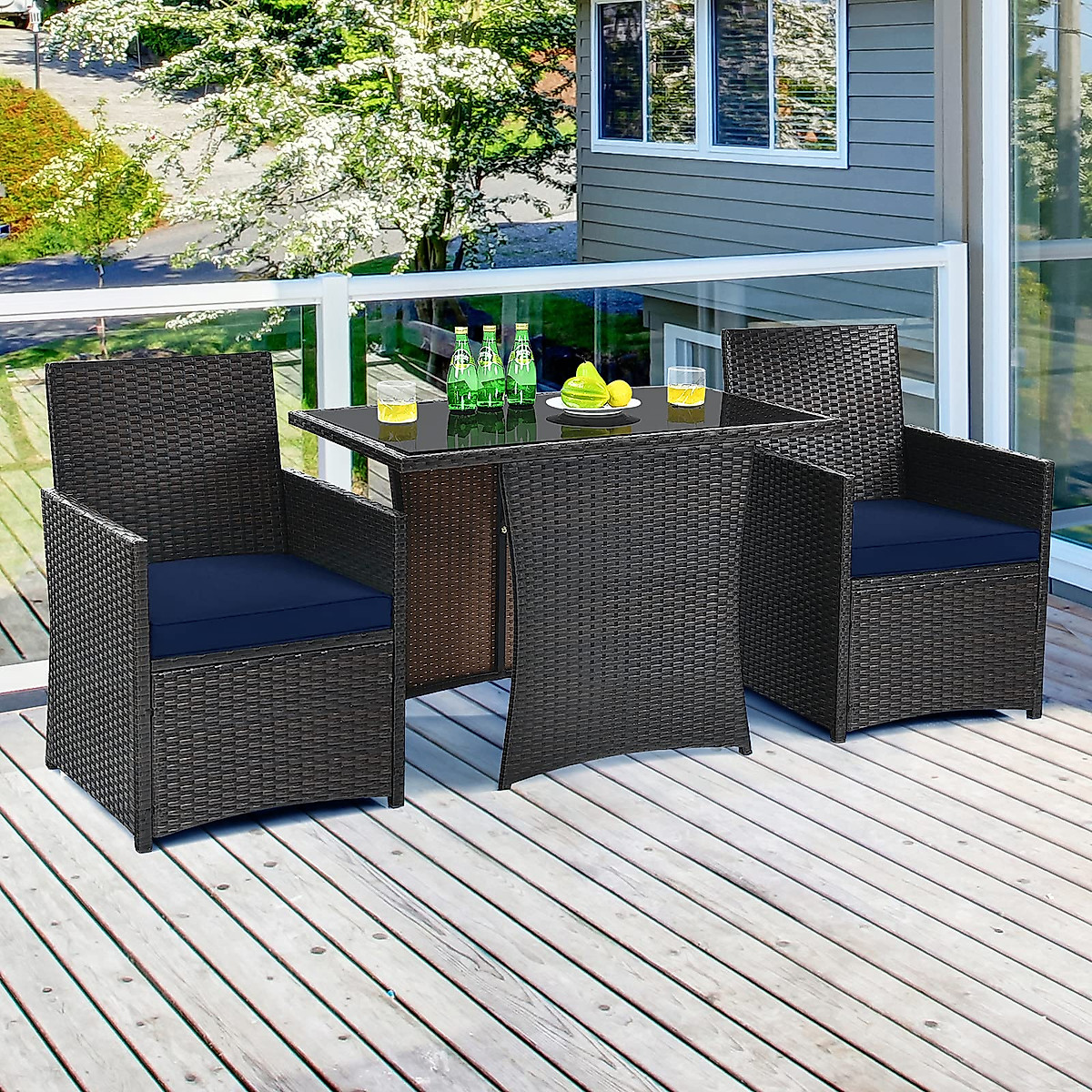 Tangkula 3 Pieces Patio Dining Set, Space-Saving PE Rattan Bistro Set with Tempered Glass Top Table and Cushioned Chairs, Outdoor Conversation Set for Garden Backyard Poolside Porch (Blue)