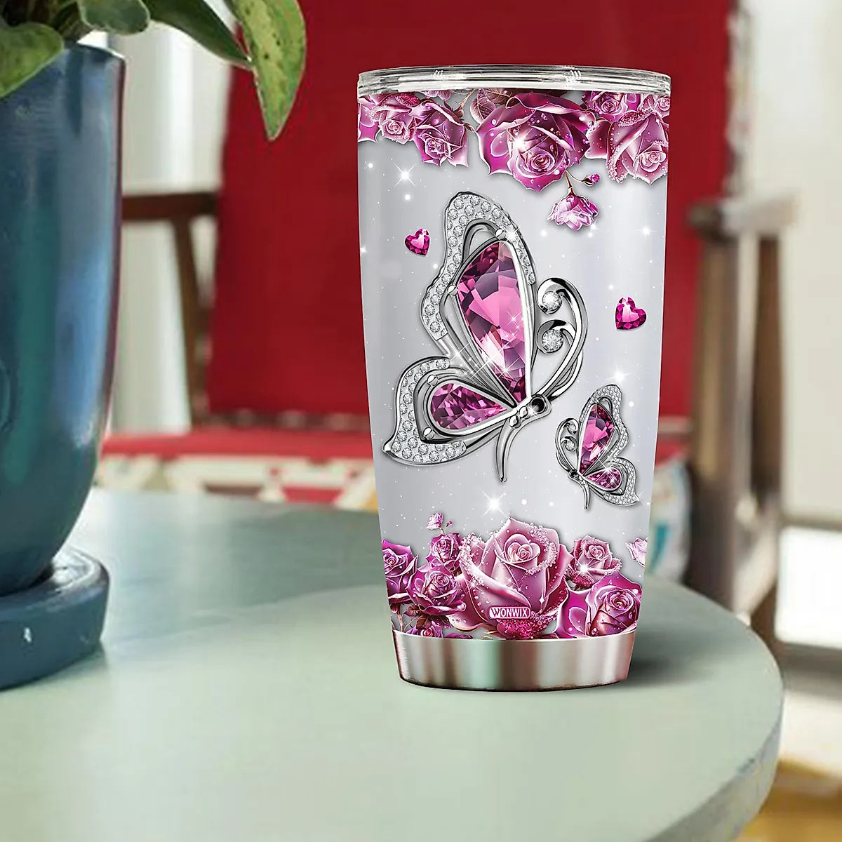 WONWIX Personalized Butterfly Coffee Mugs For Girls Mom Women Adults Butterflies Lovers Water Bottle Travel Mug Mothers Day Birthday Christmas Valentine 20oz Stainless Steel Cup With Lid