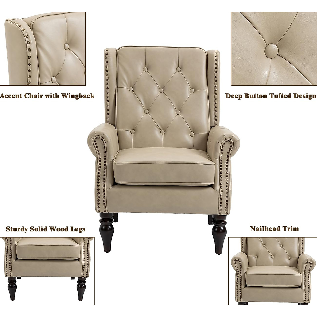 Mid-Century High Wingback Chair, Faux Leather Accent Chair Armchair with Buttons,Modern Living Room Chairs with Rivet Decoration,Leisure Single Sofa Chair for Bedroom,Club,Home Reception (PU Camel)