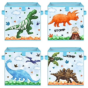 WERNNSAI Cube Storage Bins - 4 Pack Fabric Foldable Storage Cube Organizer for Kids Decorative Storage Baskets with Handles 11" x 11" Home Closet Nursery Room Bedroom (Dinosaur)