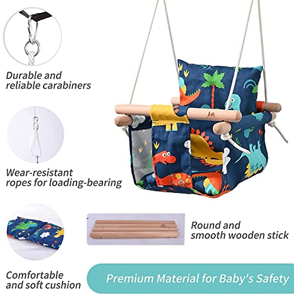 Nuewec Baby Canvas Swing Seat with Soft Cotton Cushions, Hanging Indoor Swing for Outdoor and Indoor for Toddler Boys and Girls, Carabiners and Straps, Mounting Hardware Included (Dinosaur Design)