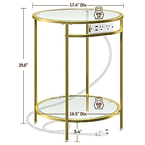 Rolanstar End Table with Charging Station, Round Side Table with Double Glass Shelves & Metal Frame, Small Coffee Accent Table, Modern Nightstand Bedside Table for Living Room, Bedroom, Gold