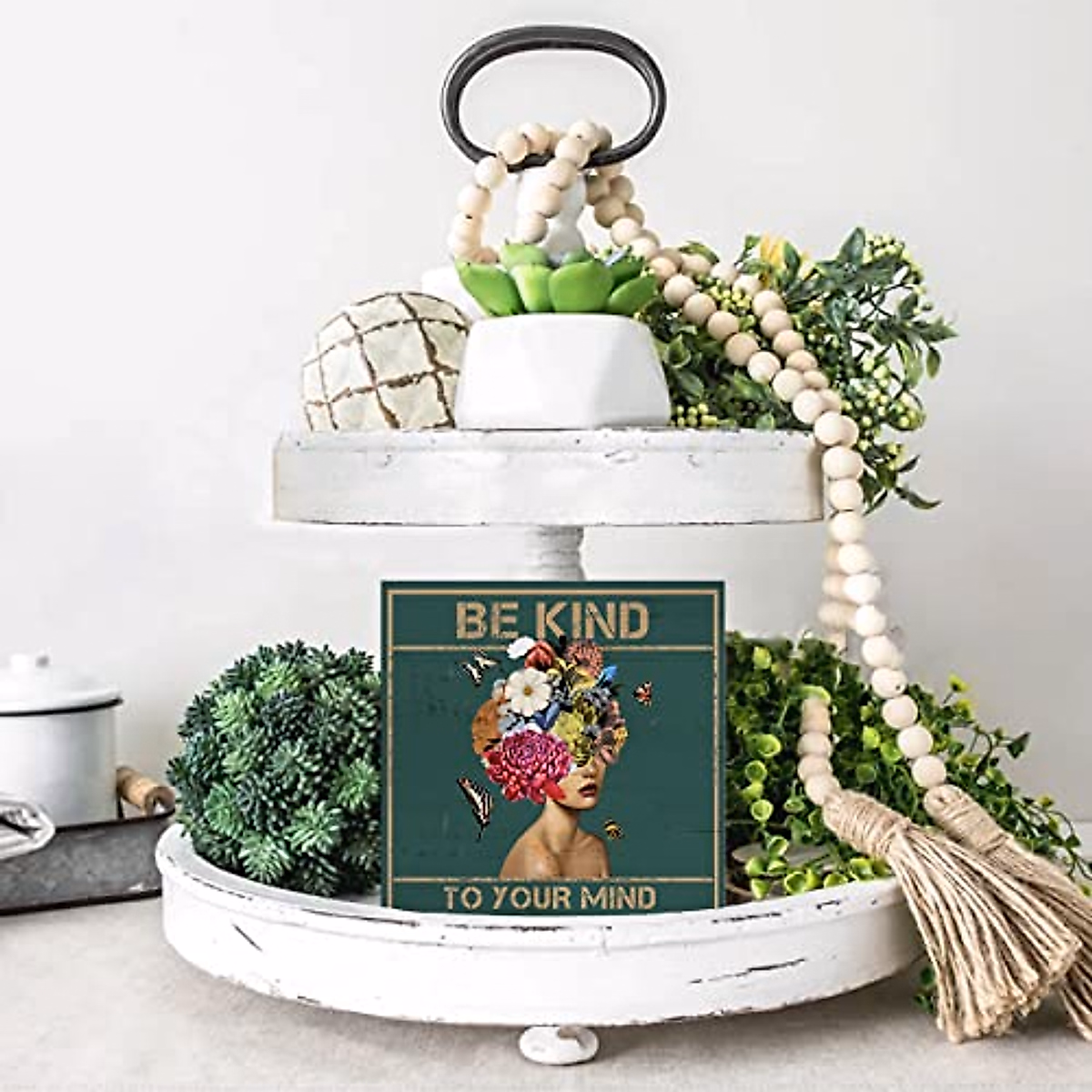 Positive Wooden Box Sign Desk Decor Retro be Kind to Your Mind Quote Wood Block Plaque Box Signs Rustic Box Sign for Home Living Room Shelf Table Decoration (5 X 5 Inch)