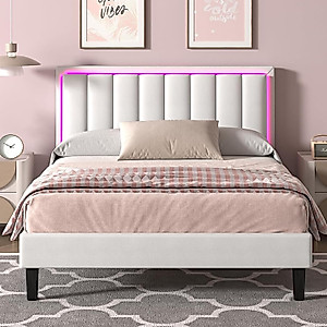 IMMERSTABLE Full Size Bed Frame with Smart LED Headboard, Upholstered Bed Frame Full with Double Headboard, Heavy Duty Wood Slats Support, Noise-Free, No Box Spring Needed, Easy Assemble, White