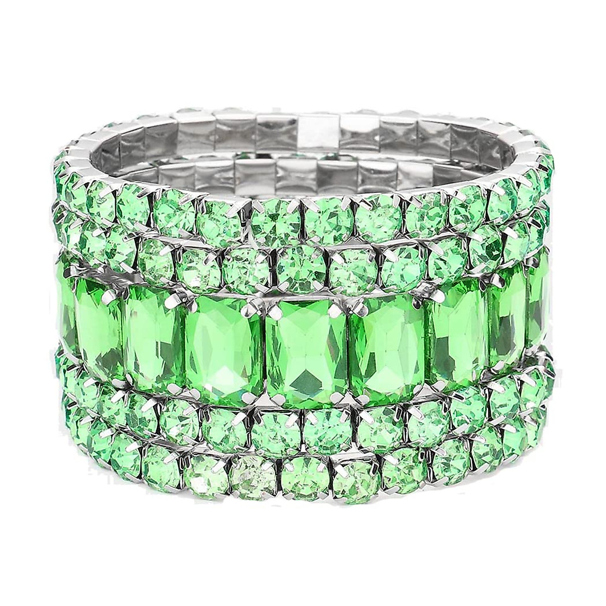 Rosemarie & Jubalee Women's Stunning Statement Set Of 5 Colorful Crystal Rhinestone Stretch Bracelets, 6.75" (Green Crystal Silver Tone)