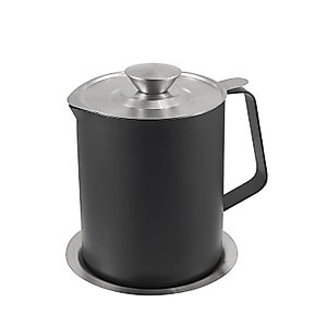 VUCCHINI Bacon Grease Container with Fine Strainer and Lid - Larger Capacity Bacon Grease Keeper Oil Can - Iron Cooking Oil Can with Removable a Coaster Tray for Kitchen Fat Storage